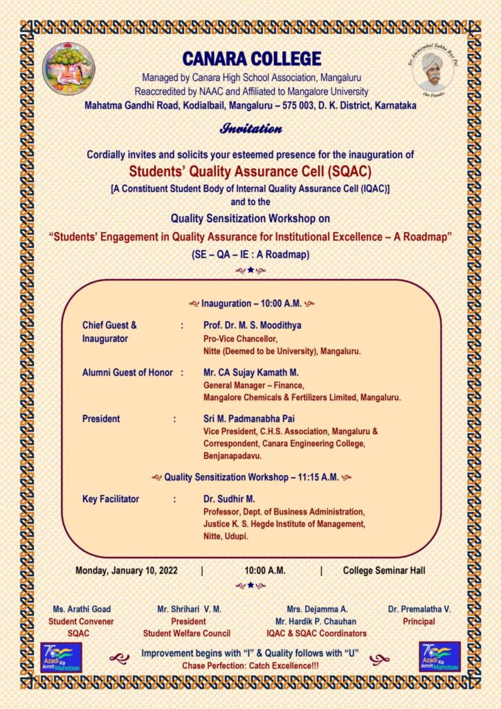 Inaugural Ceremony of the Students’ Quality Assurance Cell | Canara ...